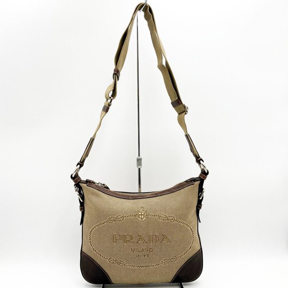 Prada | Bags | Prada Shoulder Bag Logo Jacquard Crossbody Beige Ladies Mens Fashion Brand Used ...